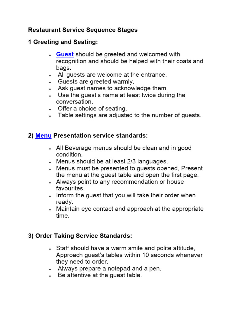 Restaurant Service Sequence | PDF | Menu | Point Of Sale