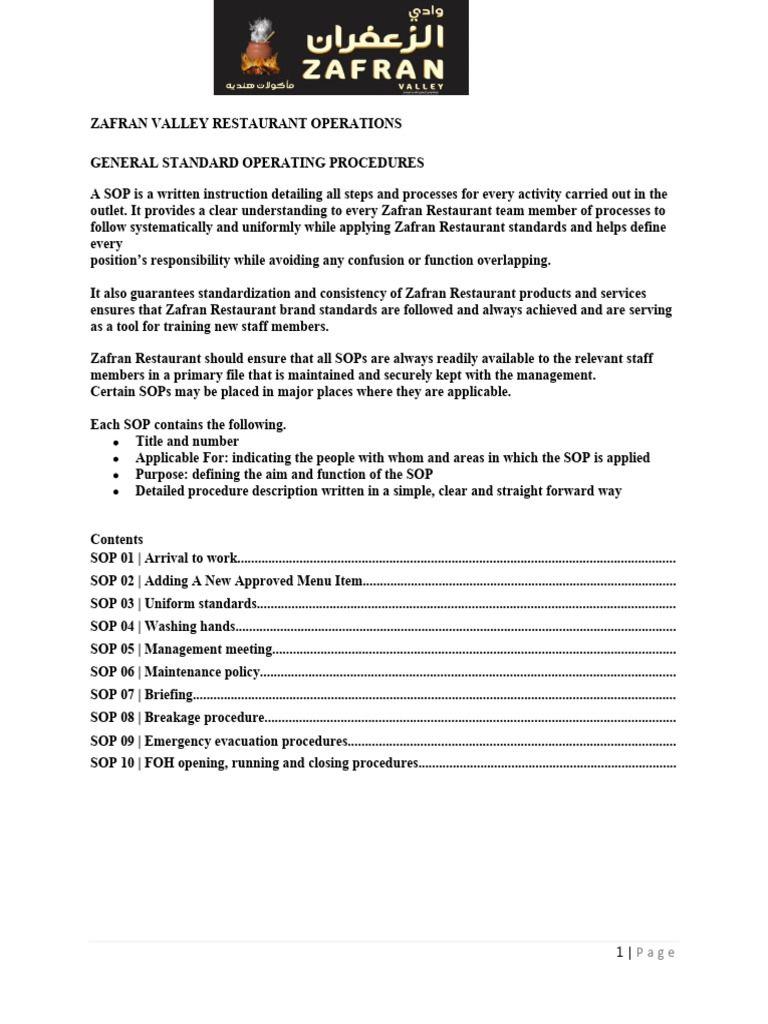 Zafran Valley Restaurant Operations | PDF