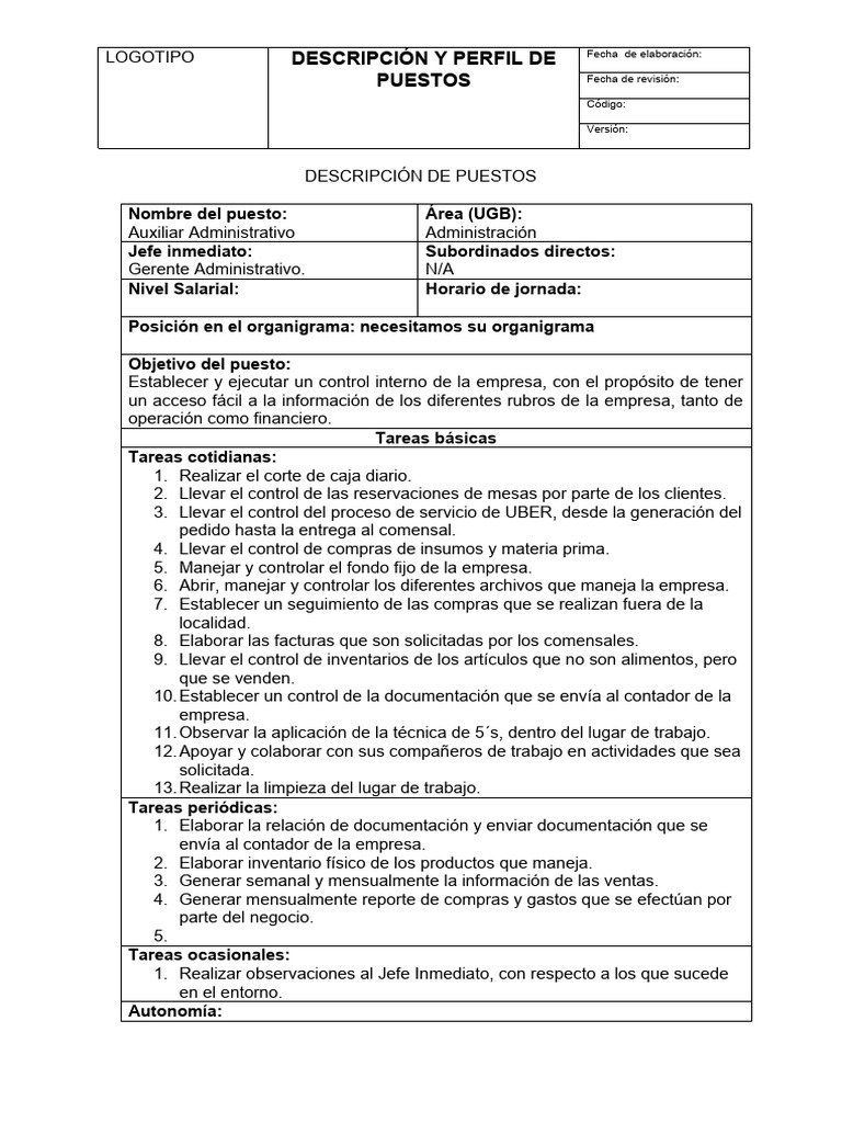 Descripción y Perfil de Puestos-Auxiliar Administrativo | PDF | Business | Informática