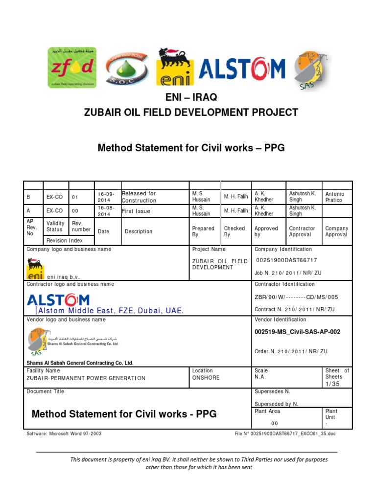 Zubair Oil Field Civil Works Method Statement | PDF | Concrete ...