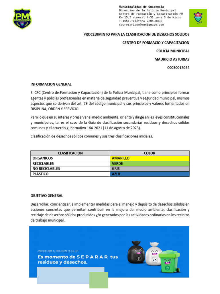 Procediminto para La Clasificacion de Desechos Solidos | PDF | Residuos | Reciclaje