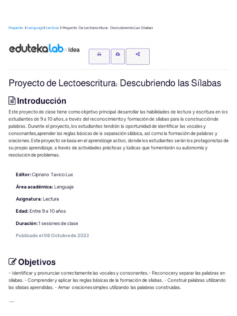 Proyecto De Lectoescritura_ Descubriendo Las Sílabas | PDF