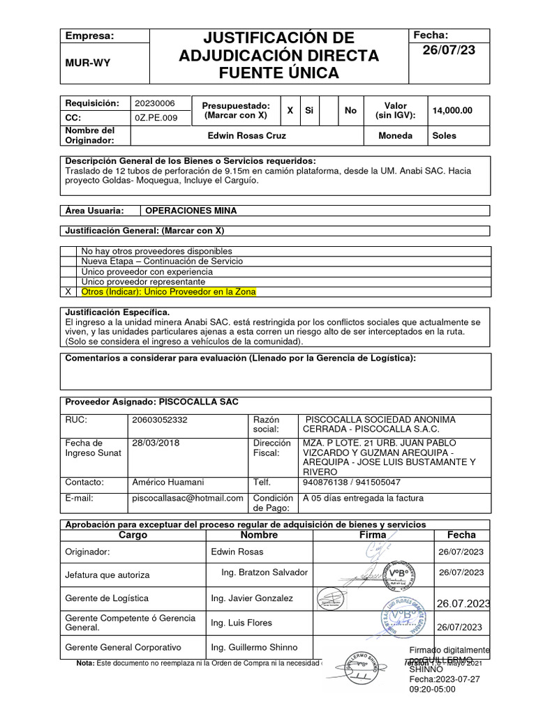 Justificación Adjudicación Directa PISCOCALLA | PDF