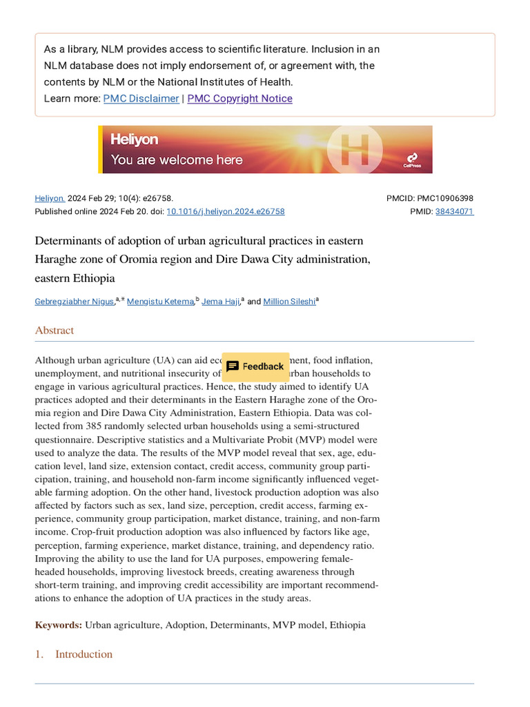 Determinants of Adoption of Urban Agricultural Practices in Eastern ... Determinants of Adoption of Urban Agricultural Practices in Eastern ...