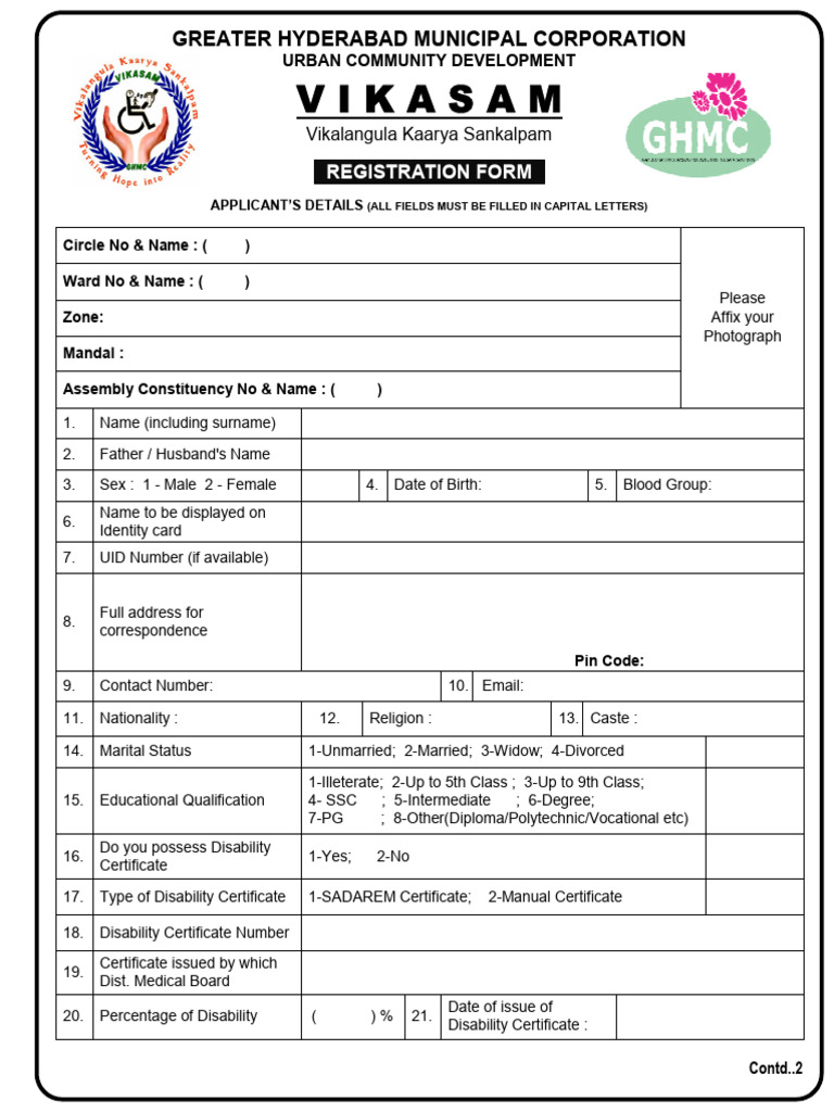 Vikasam Registration Form | PDF | Disability
