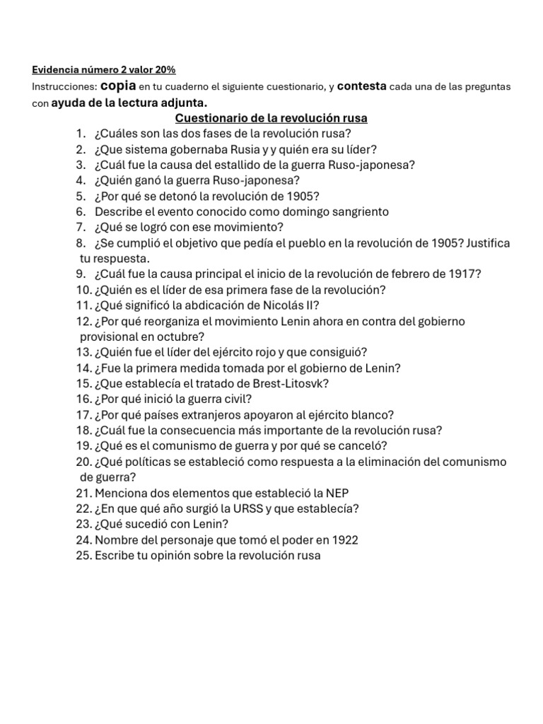 E2 Cuestionario Revolución Rusa | PDF | Vladimir Lenin | Nicholas Ii De ...