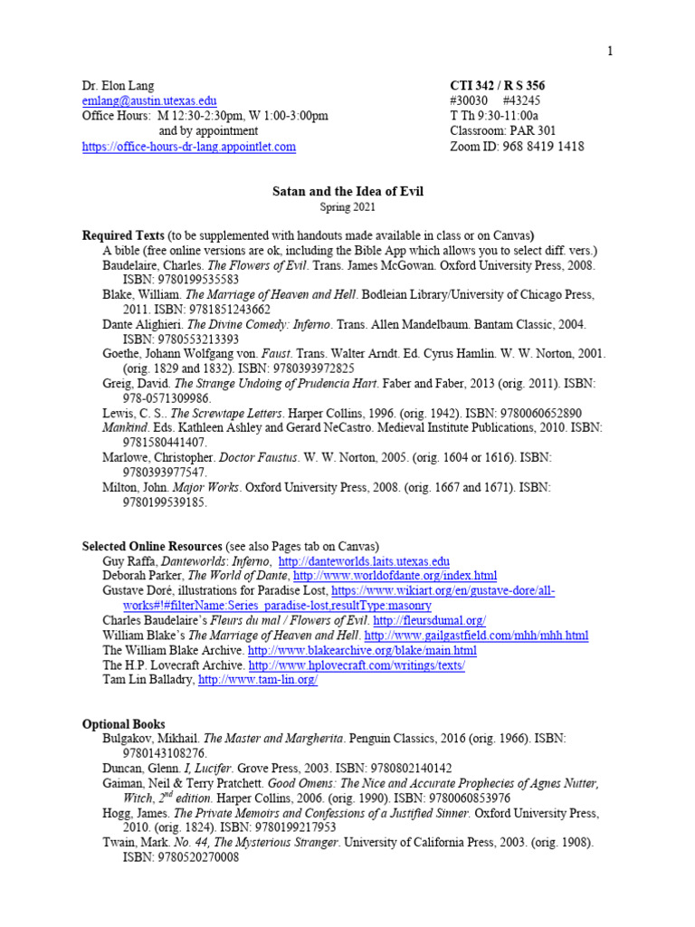 Syllabus CTI342 Satan Sp2021 | PDF | Paradise Lost | Faust