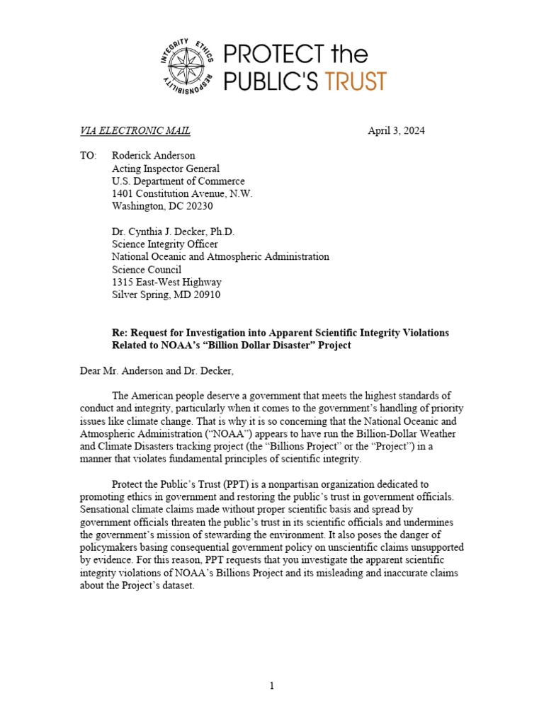 Scientific Integrity Complaint (Billion Dollar Disasters) | Download ...