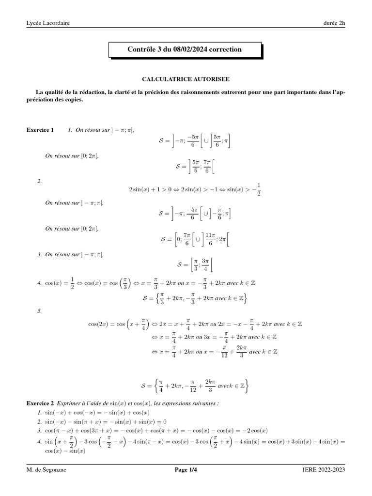 Correction Contrôle Maths Lycée 2024 | PDF | Tangente (géométrie) | Physique mathématique