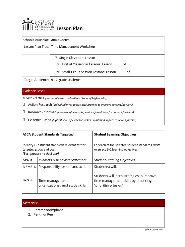 Time Management Asca Lesson Plan | PDF | Lesson Plan | Time Management