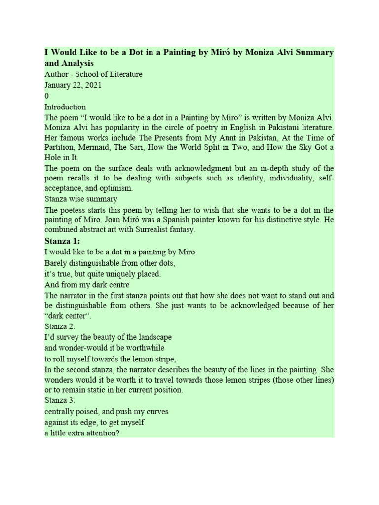 I Would Like To Be A Dot in A Painting by Miró by Moniza Alvi Summary ...