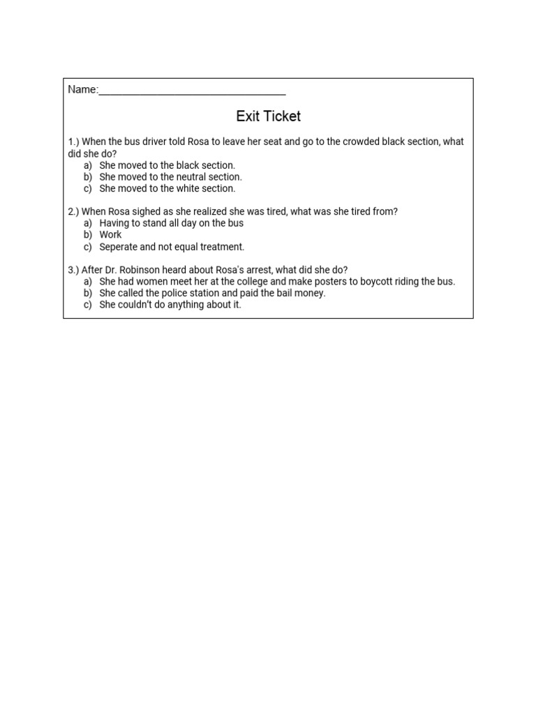 Rosa Parks Exit Ticket Questions | PDF