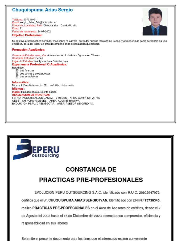 Curriculum Vitae (CV) - Chuquispuma Arias Sergio | PDF | Documento de identidad