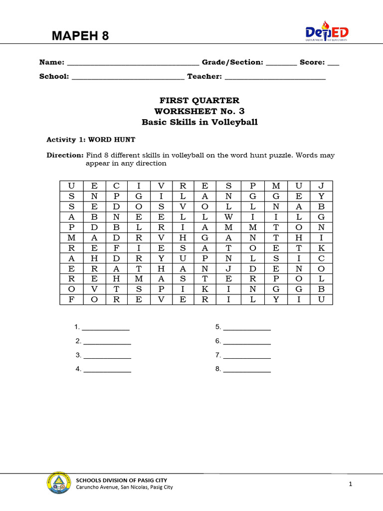 Mapeh 8: First Quarter Worksheet No. 3 Basic Skills in Volleyball | PDF ...