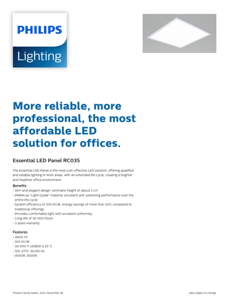 Ficha Tecnica Panel Led Rco35 - 4000LM - 4000K - Philips | Download ...