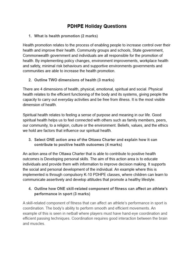 PDHPE Holiday Questions | PDF | Health Promotion | Lung