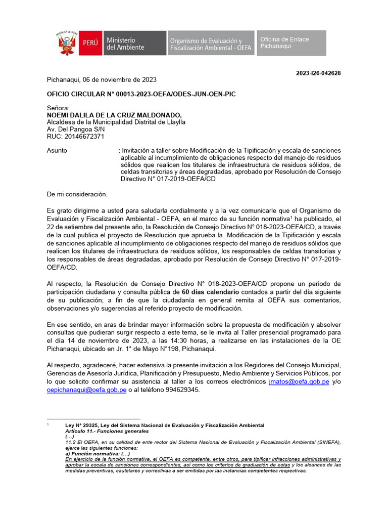 Oficio Circular N 00013-2023-OEFAODES - LLAYLLA | Descargar gratis PDF ...