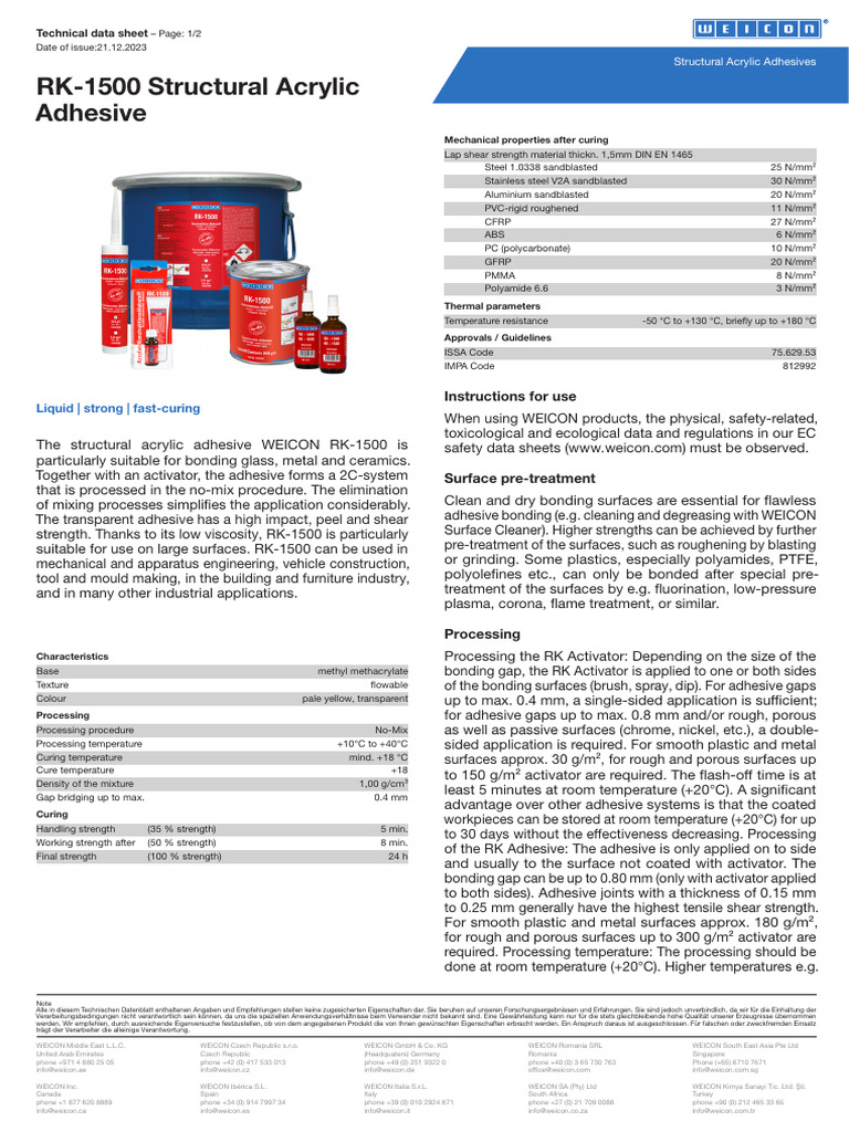 EN GB TDS 10563860 RK-1500 Structural Acrylic Adhesive | PDF | Poly ...