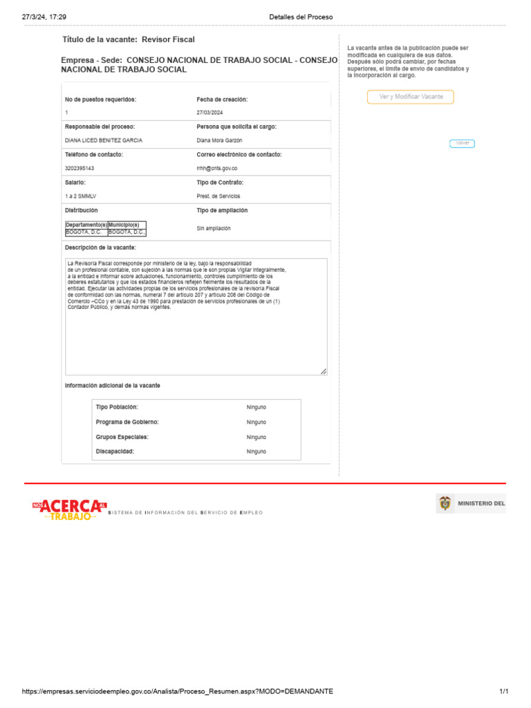 Vacante: Revisor Fiscal en Bogotá | PDF | Contador
