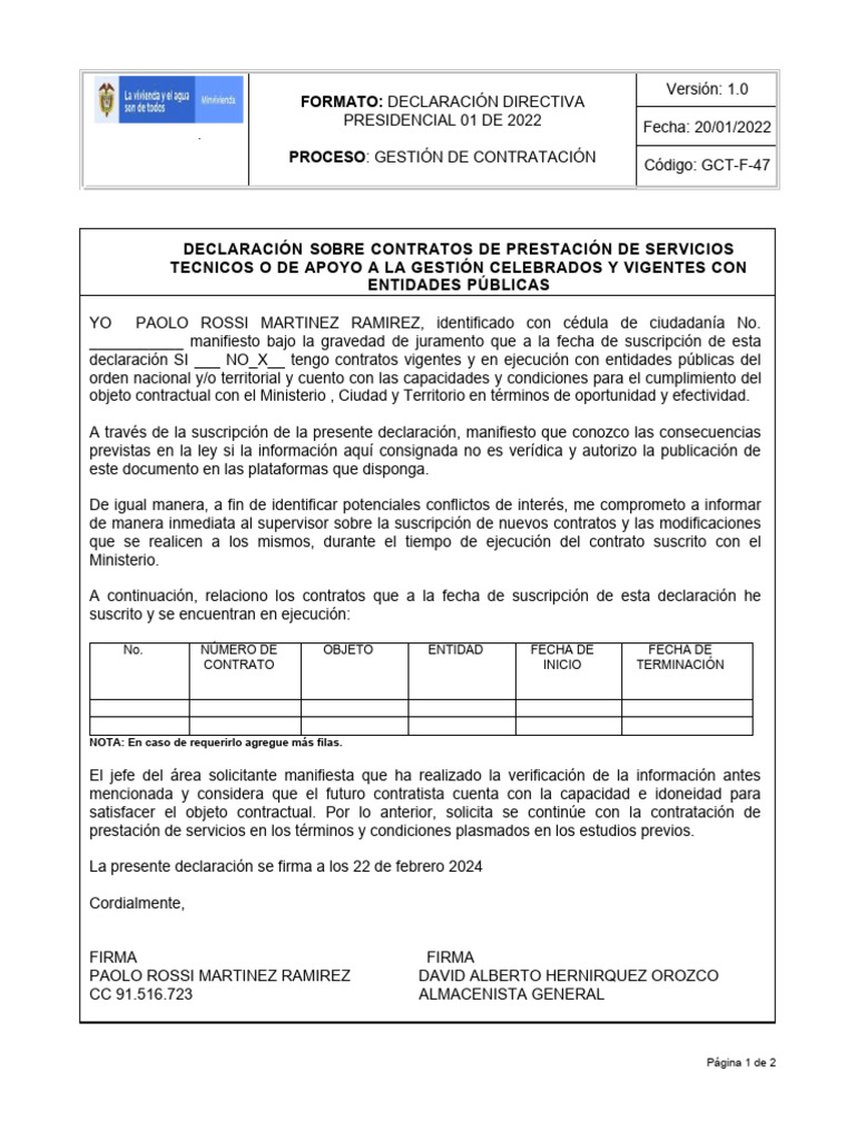 GCT F 47 Declaracion Directiva Presidencial | PDF