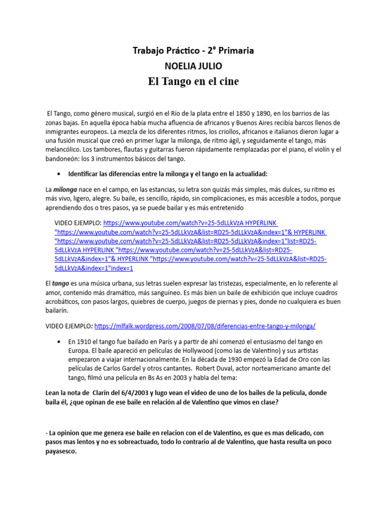 Trabajo Práctico TANGO - 2° Primaria NOELIA JULIO | PDF | Musica Tango