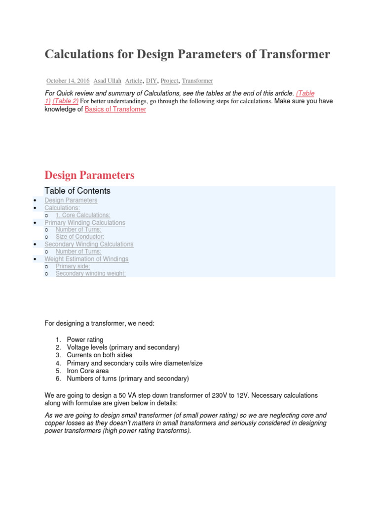Calculations For Design Parameters of TR | PDF | Transformer | Electrical Components