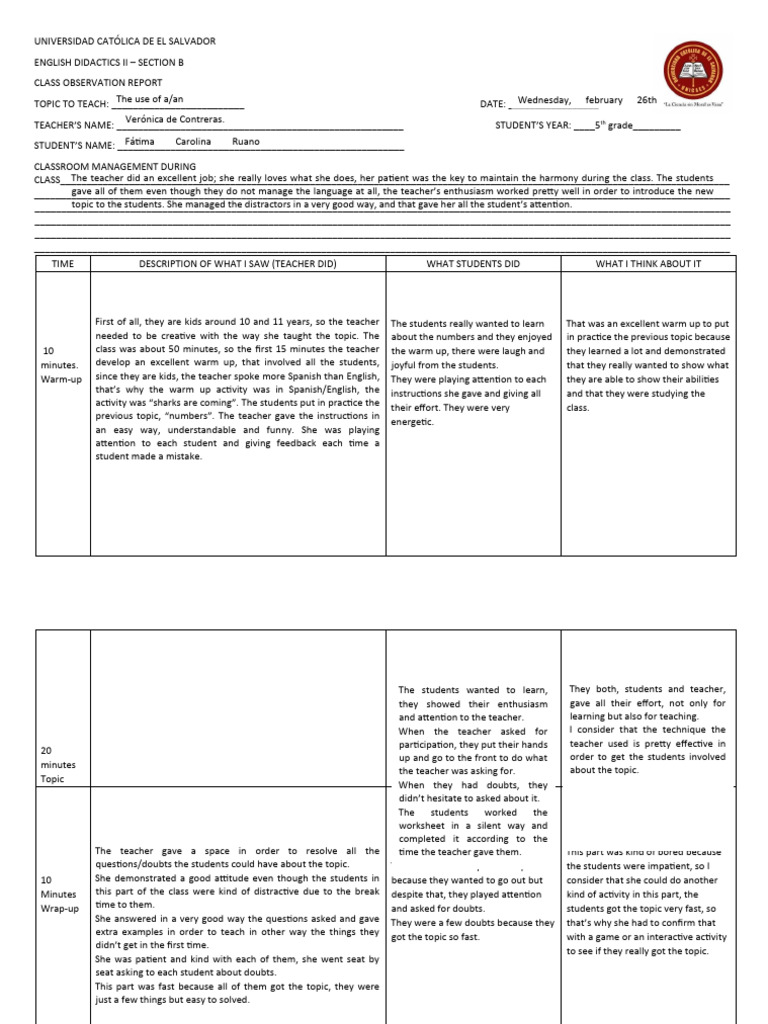 Class Observation Report | PDF | Teachers | Behavior Modification