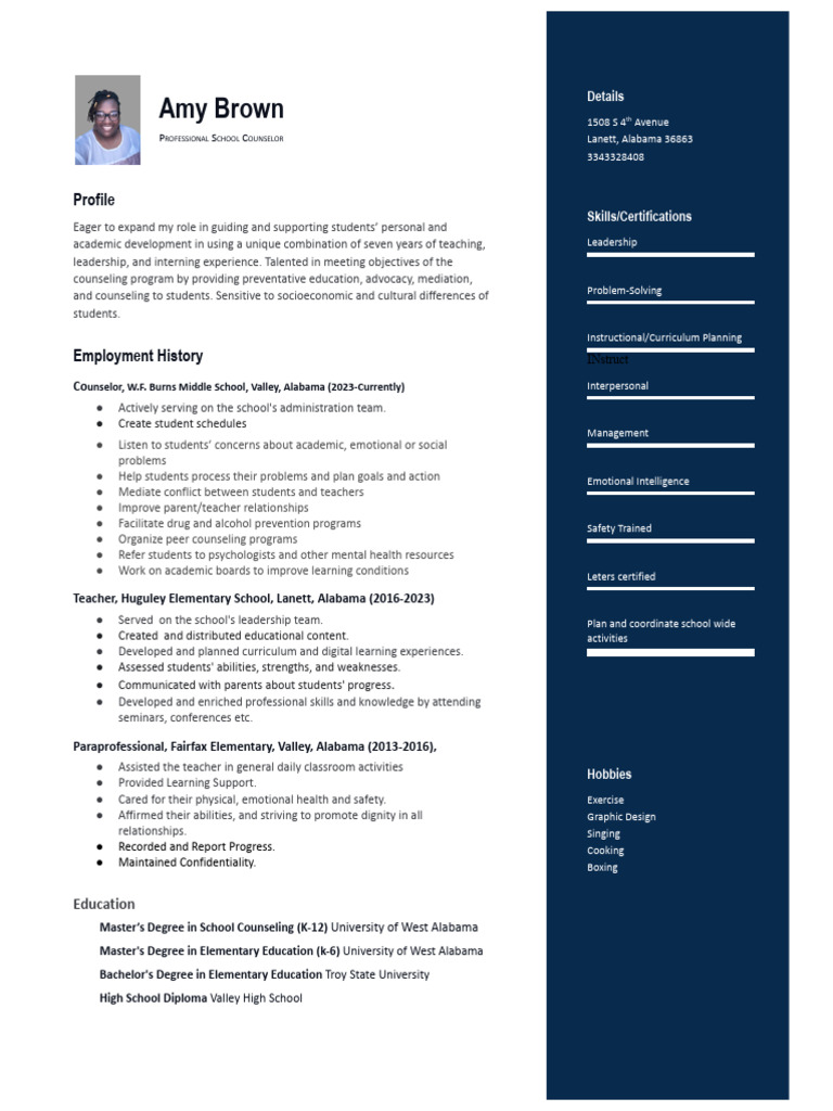 Amy Brown-Professional School Counselor Resume | PDF | School Counselor ...