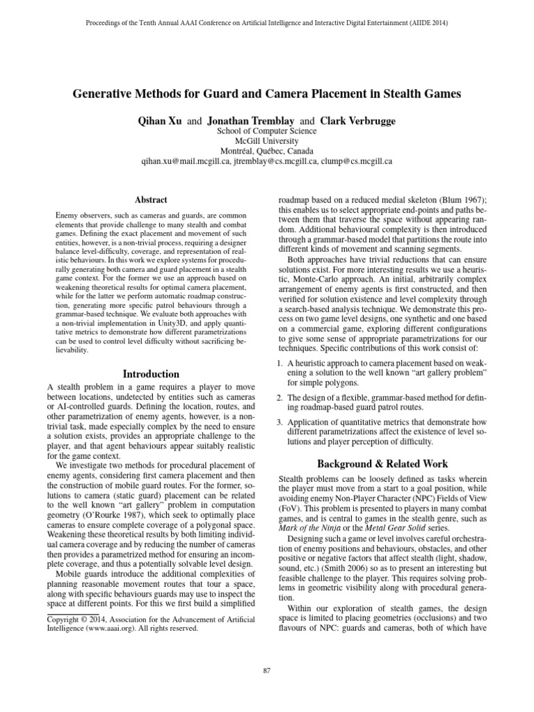 Generative Methods for Guard and Camera Placement in Stealth Games | PDF