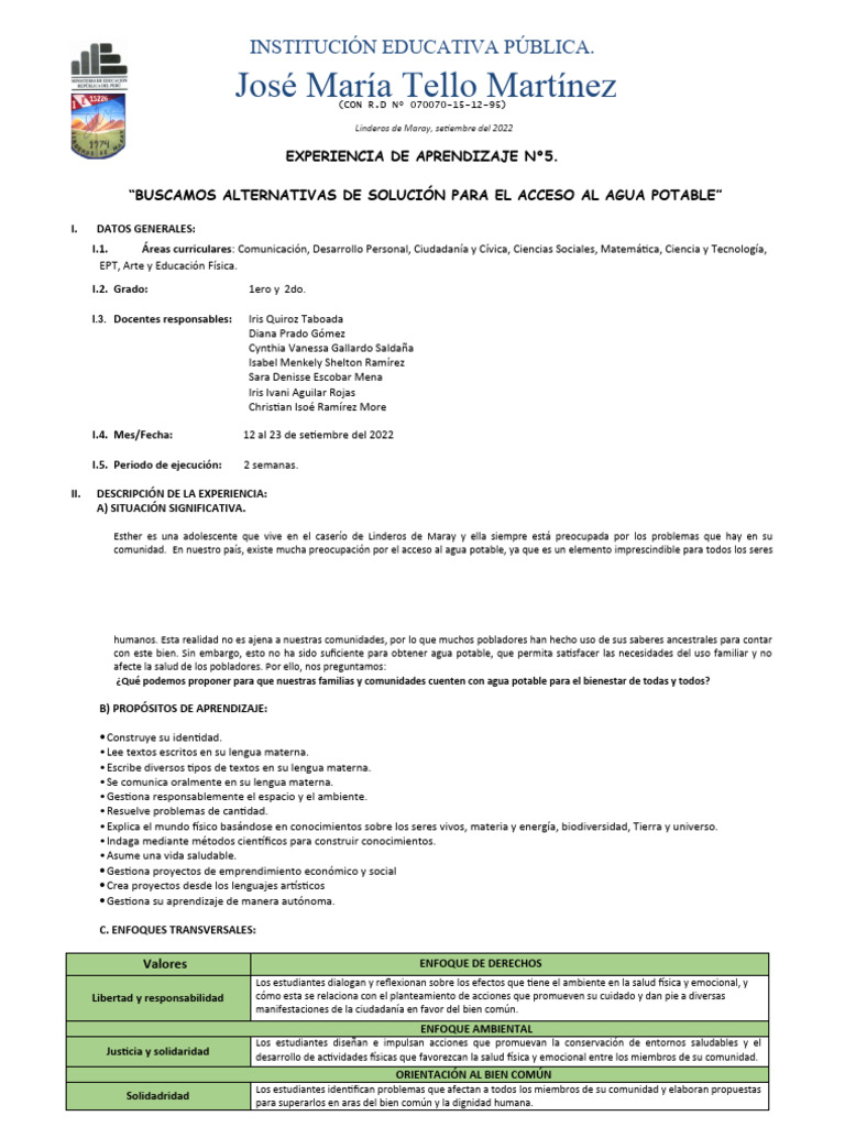 Exp. de Aprendizaje Integrada #05 - 1° Y 2° Grado | PDF | Agua | Ecuaciones