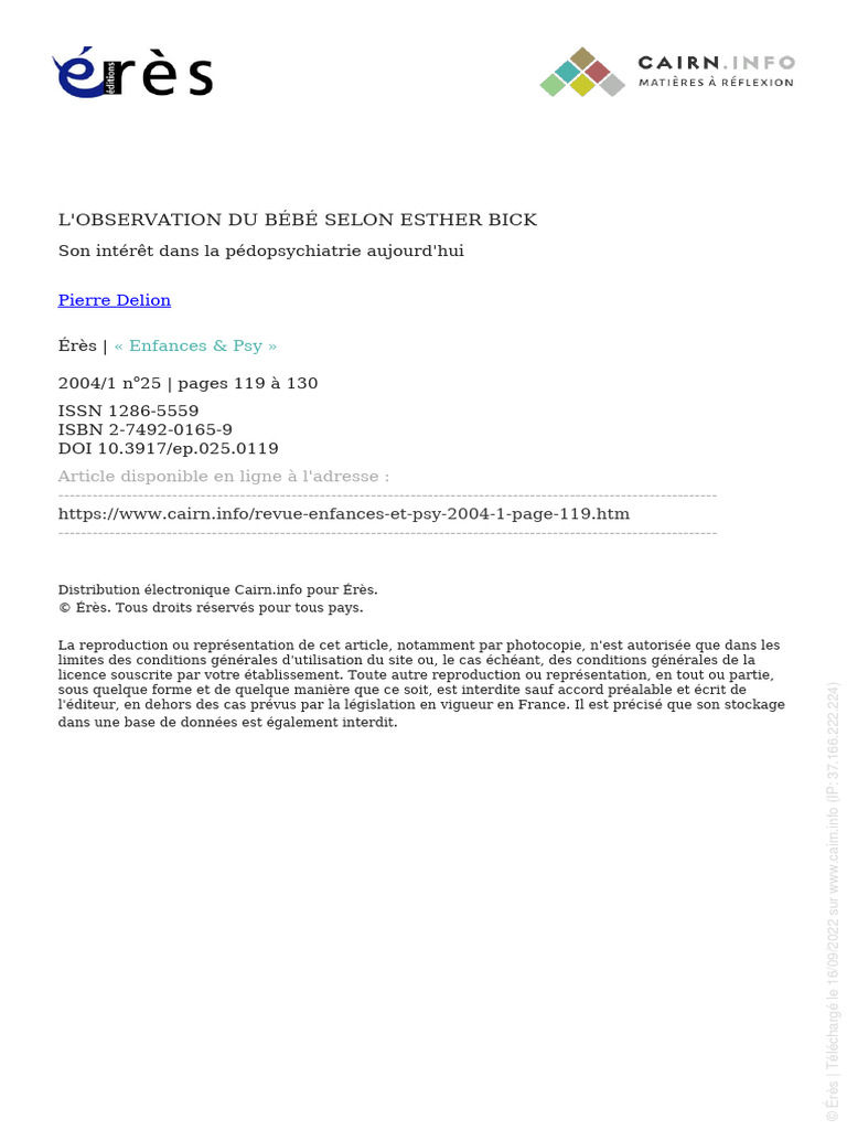 Observation du bébé par Esther Bick | PDF | Psychothérapie | Psychologie