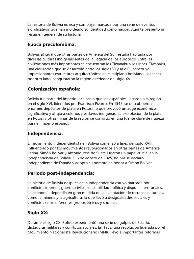 La Historia de Bolivia Es Rica y Compleja | PDF | Bolivia | España