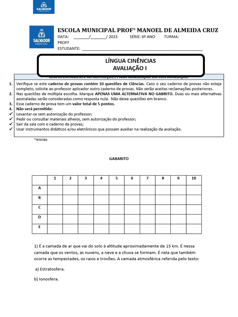 PROVA 6 ANO 2023 | PDF | Terra | Atmosfera