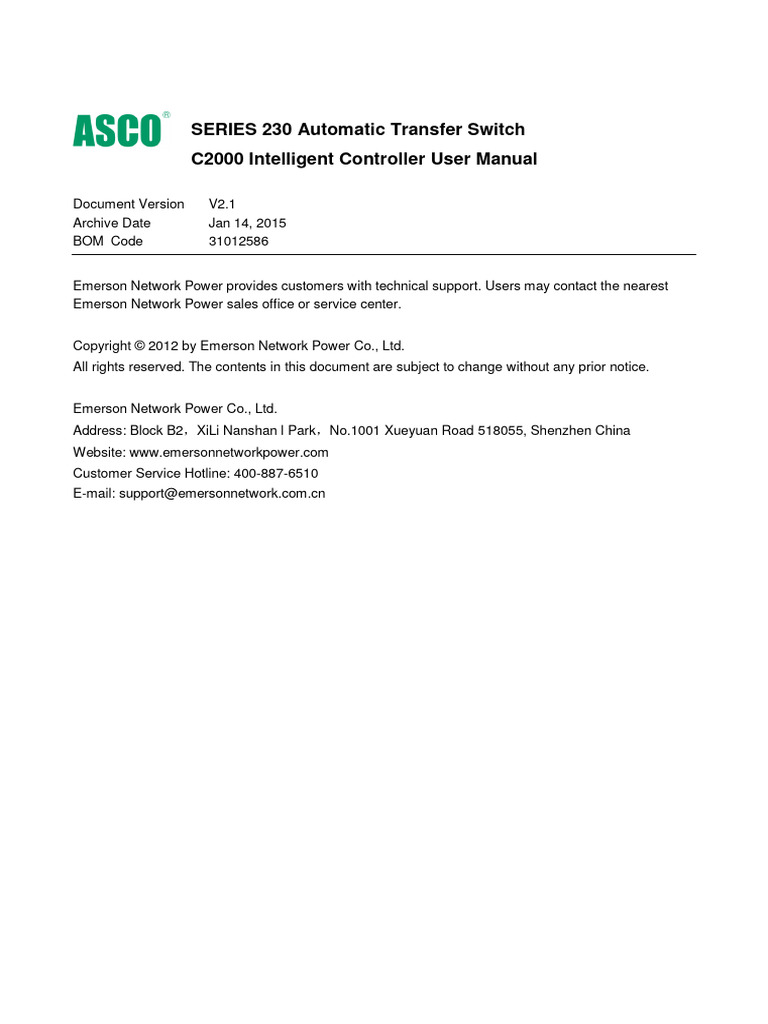 SERIES 230 Automatic Transfer Switch C2000 Intelligent Controller User ...