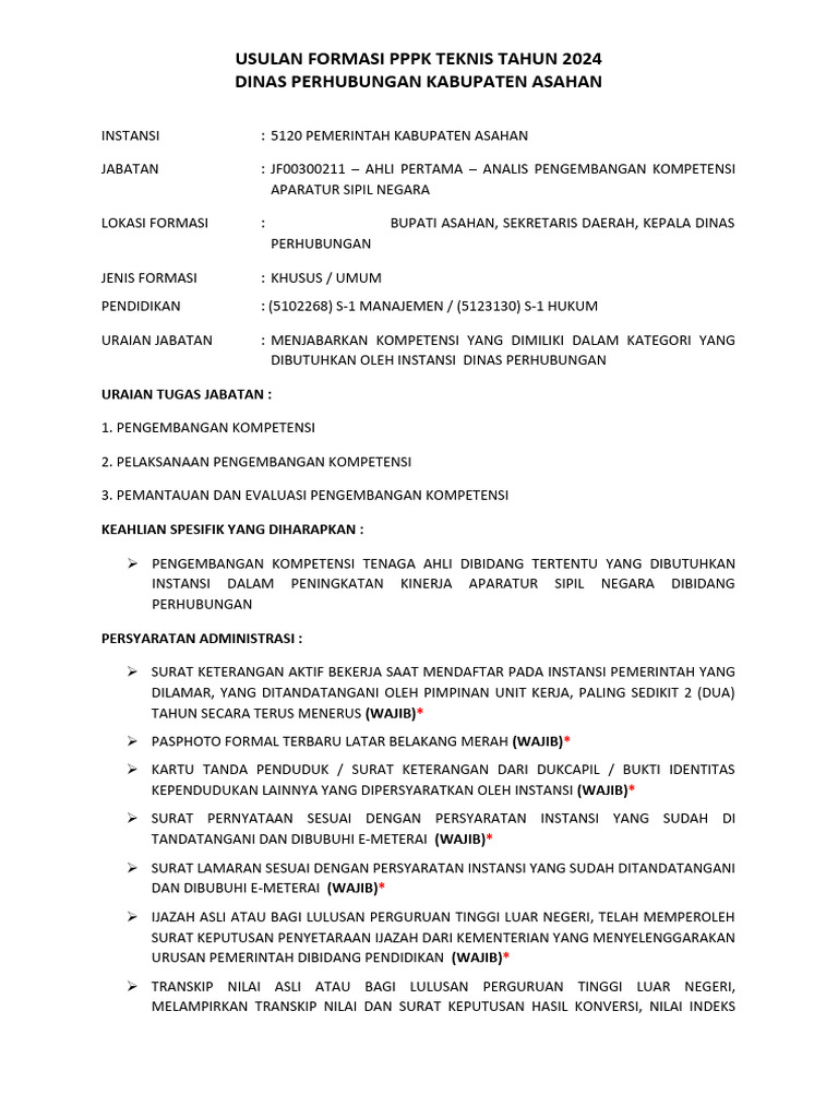Usulan Formasi PPPK Teknis Tahun 2024 | PDF