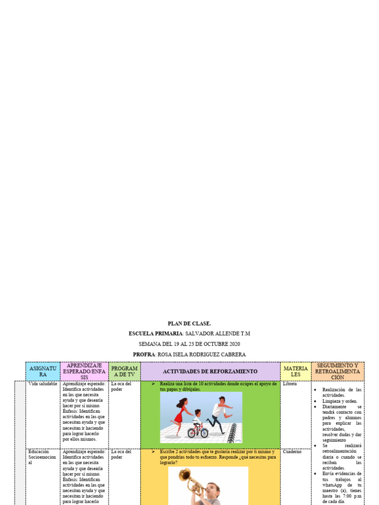 Plan de Clase Primaria Octubre 2020 | PDF | Aprendizaje