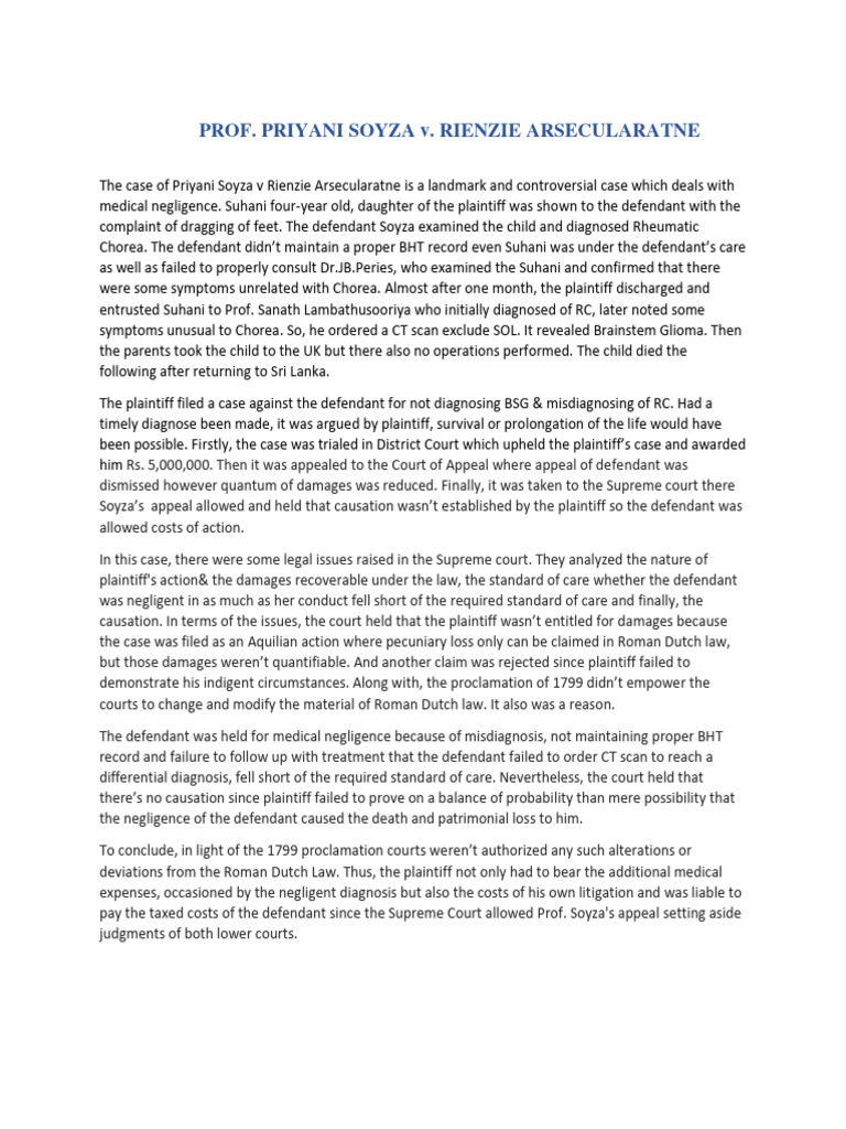 Priyani Soyza v. Rienzie Arsecularatne Case | PDF | Negligence ...