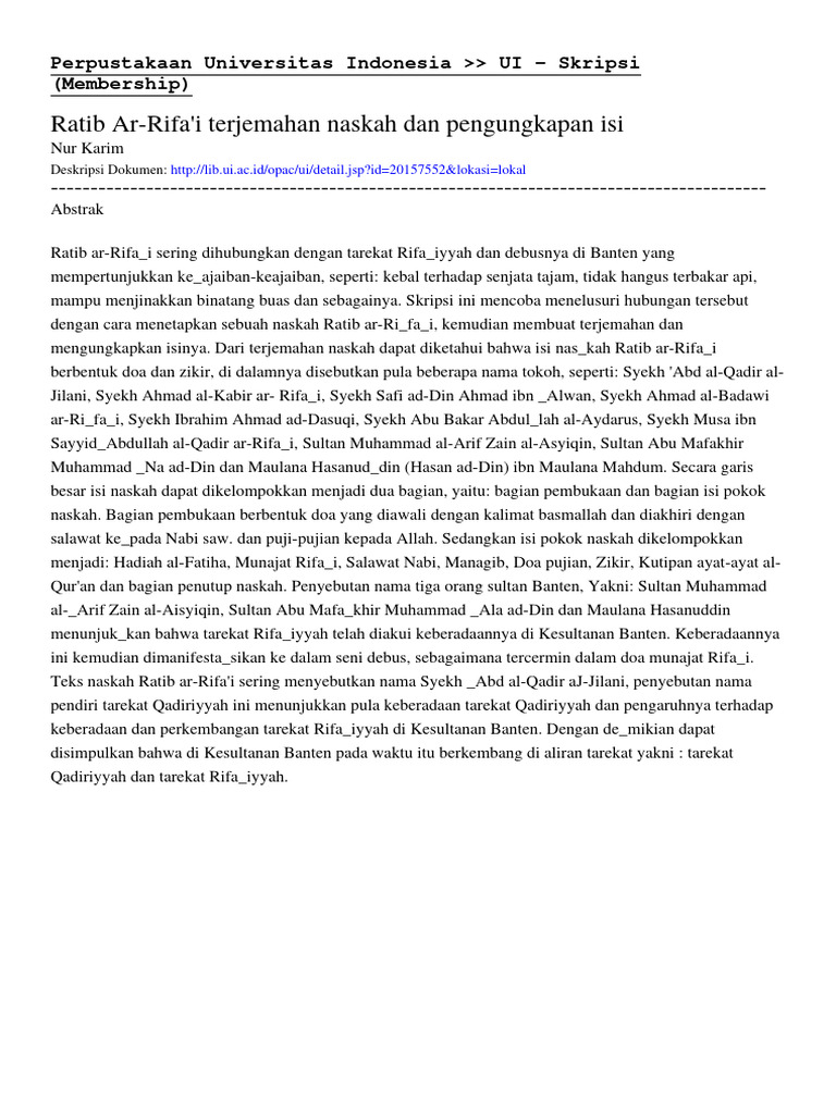 Ratib Ar-Rifa'i Terjemahan Naskah Dan Pengungkapan Isi: Perpustakaan Universitas Indonesia UI ...