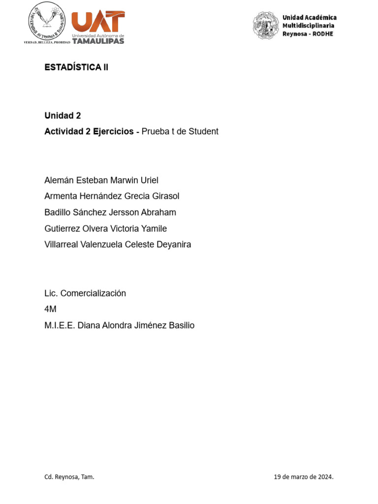 U2 Act2 - Prueba T de Student | PDF