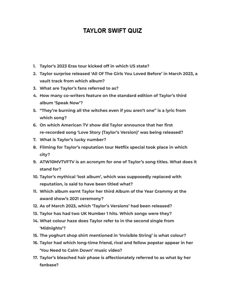 Taylor Swift Quiz | Download Free PDF | American Folk Music | Sound ...