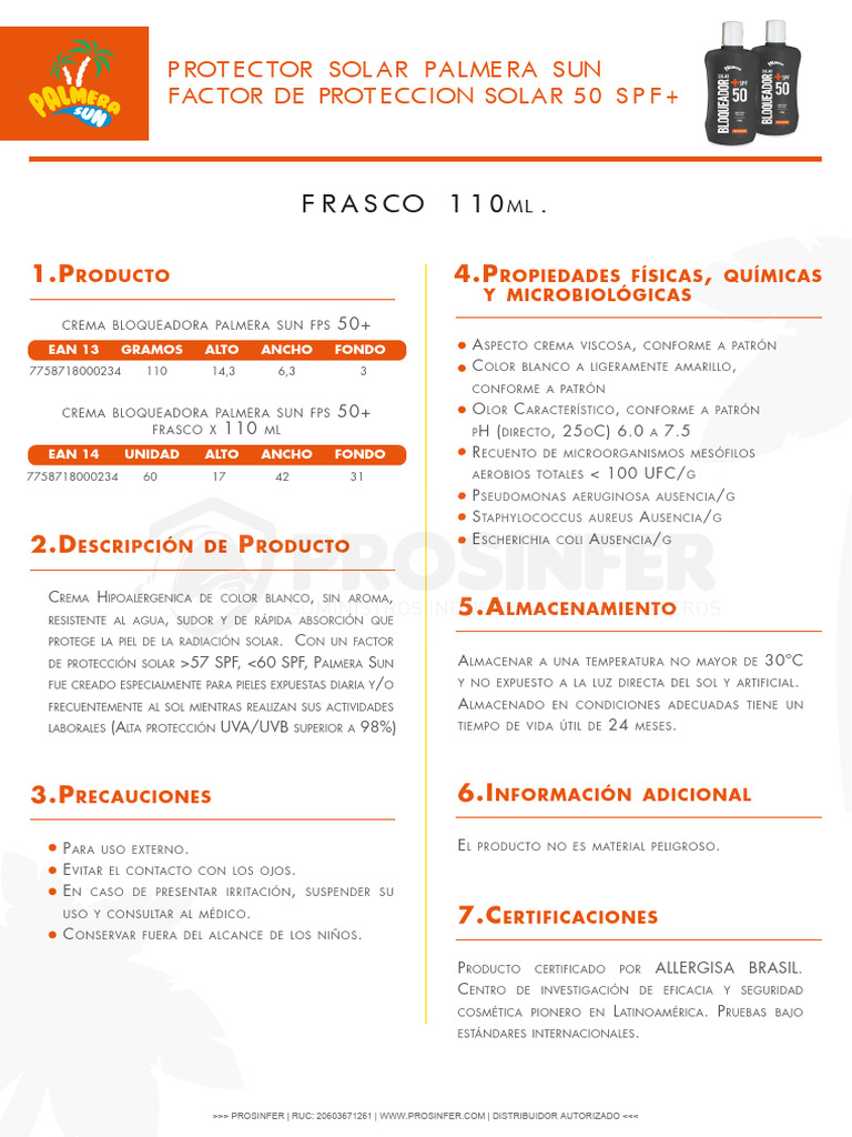 Bloqueador Solar Palmera de 110 ML SPF 50 Ficha Tecnica | PDF | Protección de la piel | Piel