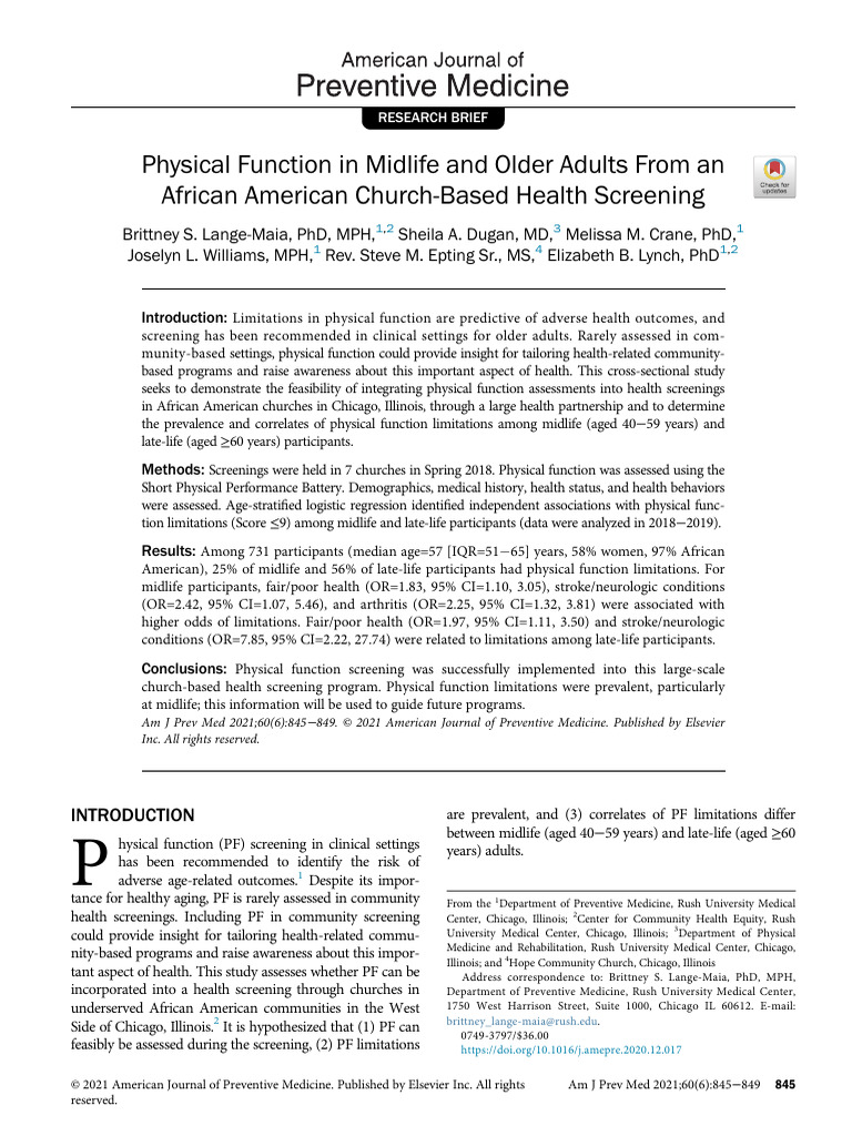 Physical Function In Midlife And Older Adults From 2021 American