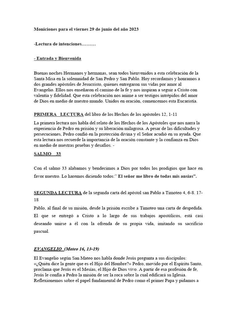 Moniciones jueves 29 de junio 2023 | PDF | eucaristía | Iglesia Católica