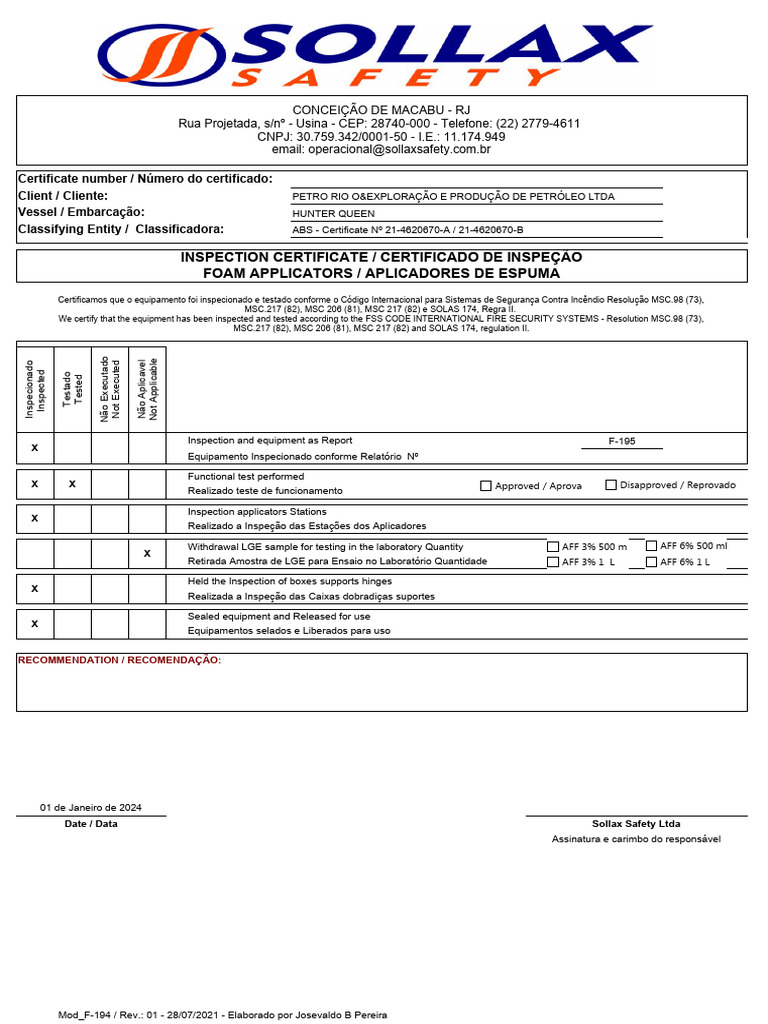 Certificado de Inspeção Sollax Safety | PDF