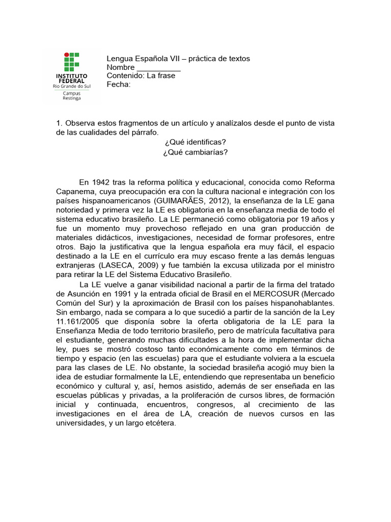 Ejercicios Sobre Frase | PDF | Brasil | Enseñando