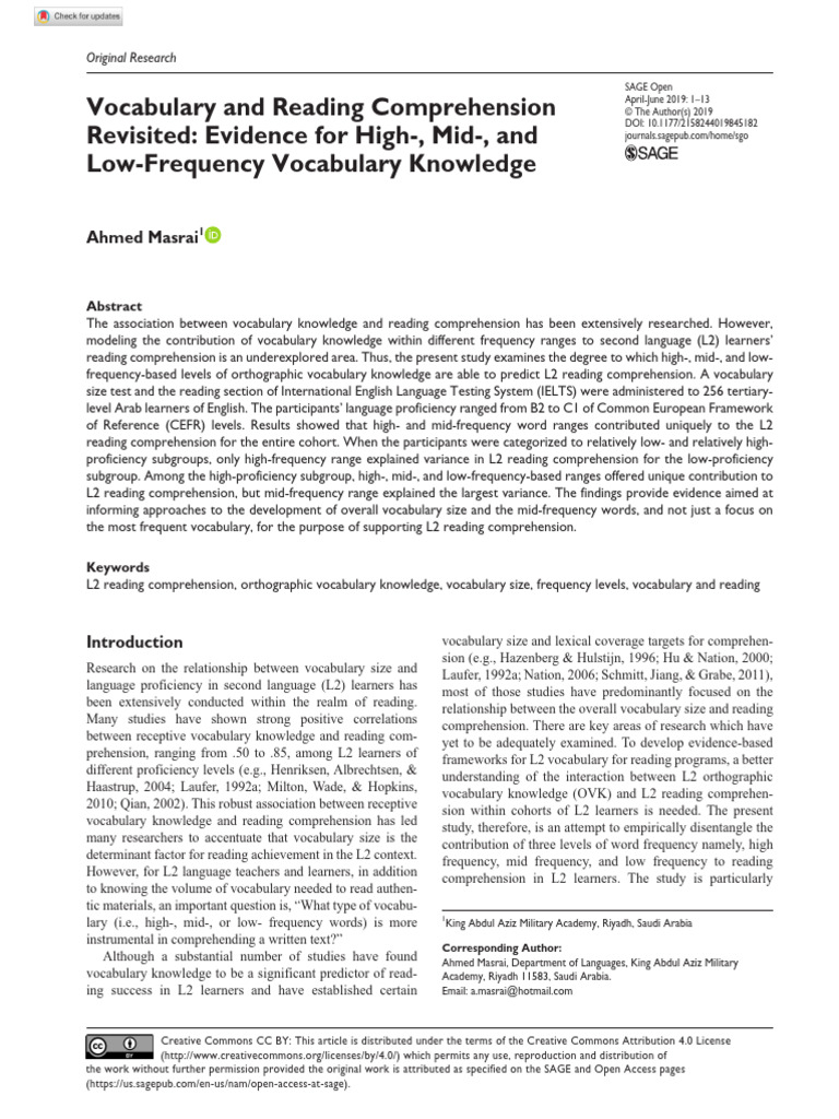 Vocabulary Frequency and L2 Reading Skills | PDF | Vocabulary | Reading ...