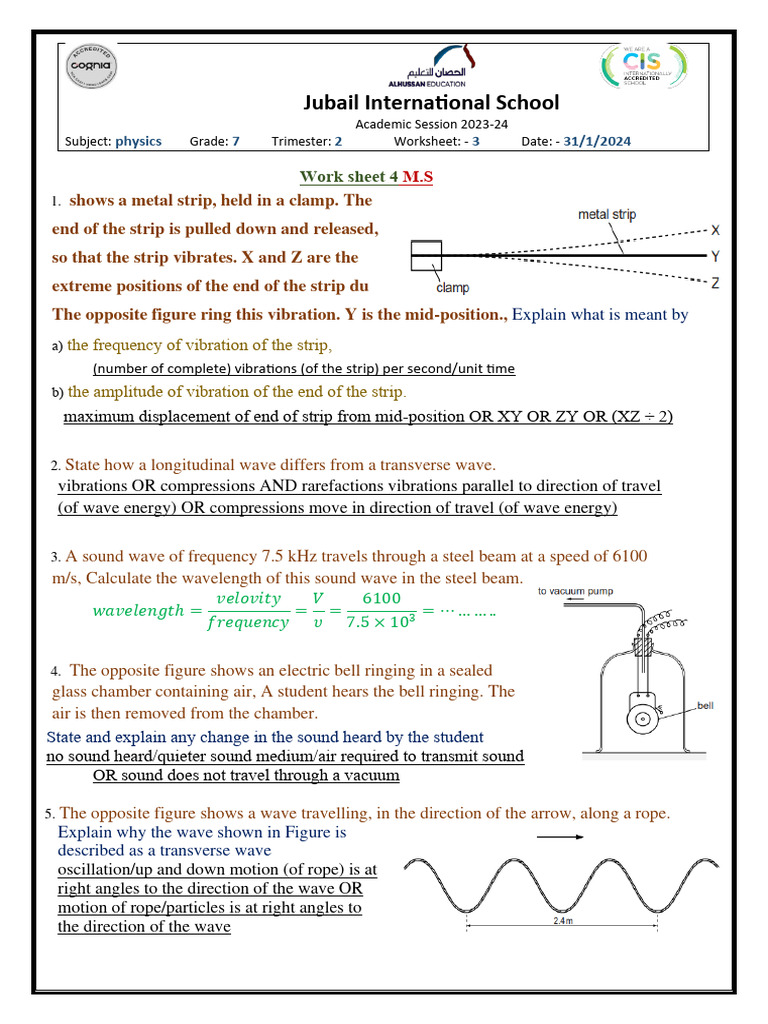 4th Work Sheet, Grade 7 - MS | PDF | Sound | Waves