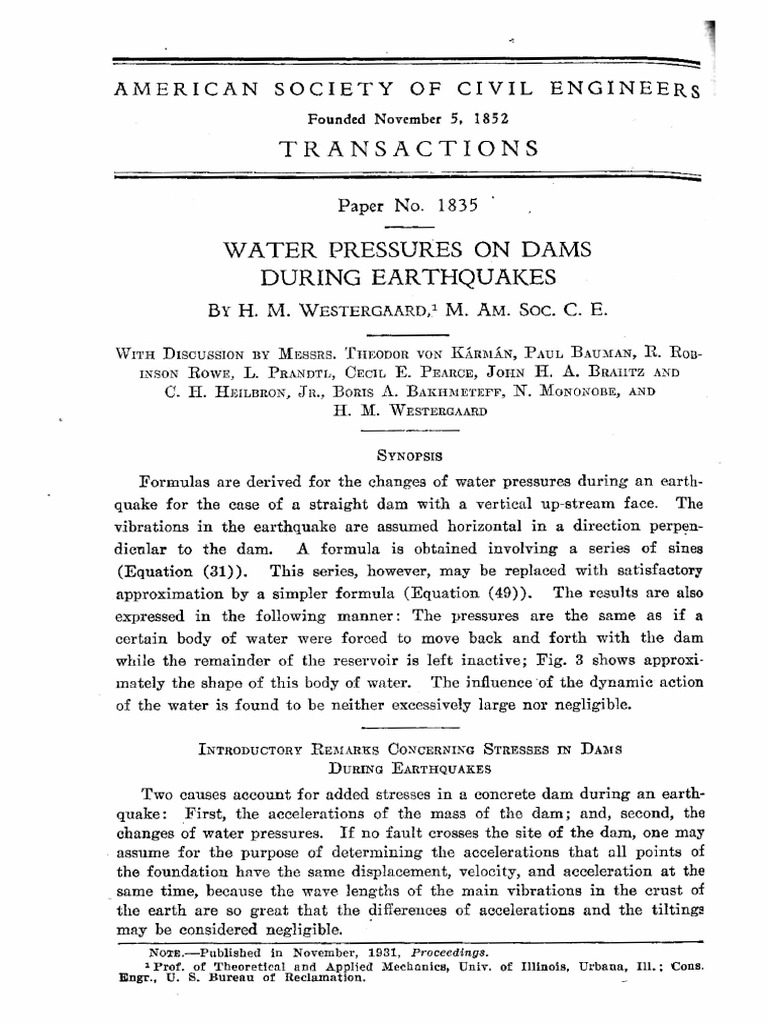 westergaard 1931 - water pressures on dams during earthquakes | PDF