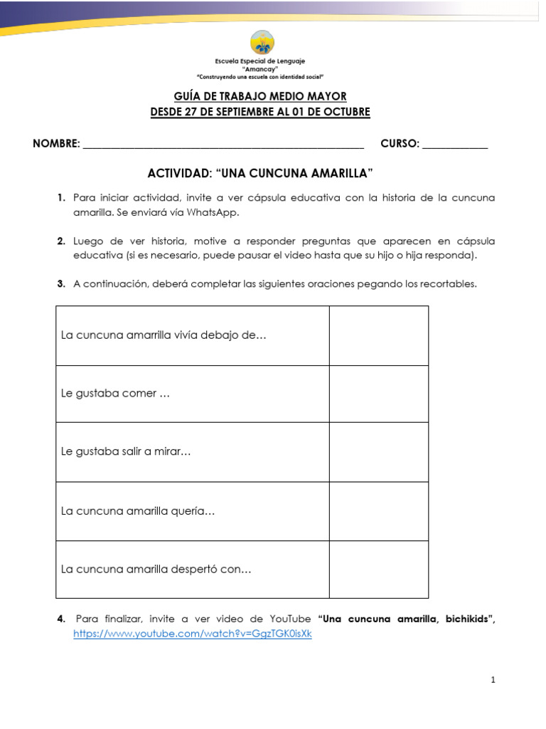 Actividad: Cuncuna Amarilla Bichikids | PDF