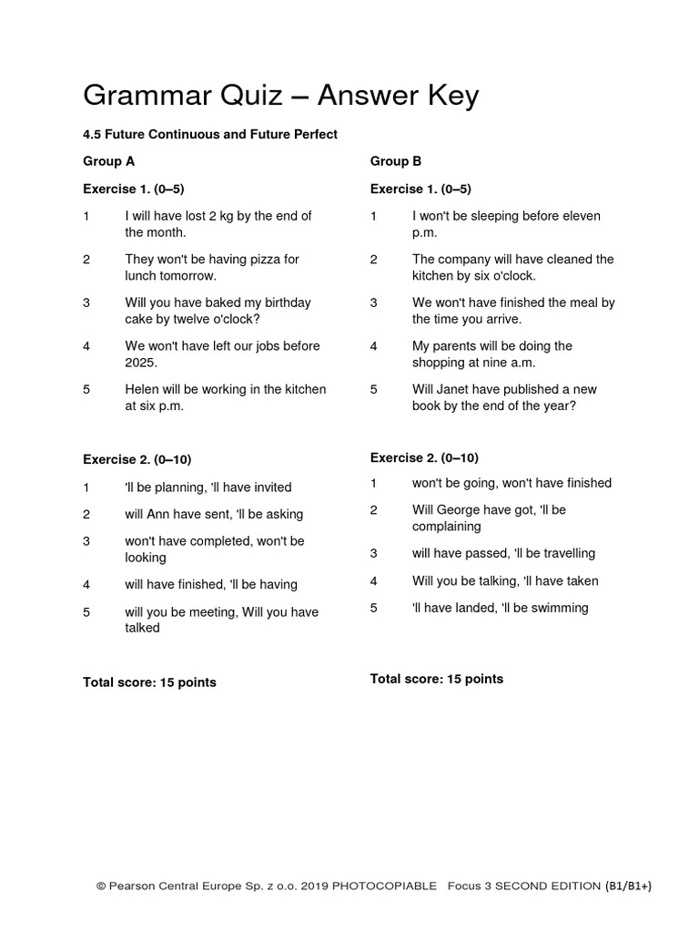 Focus 3 Grammar Quiz Answer Key | PDF